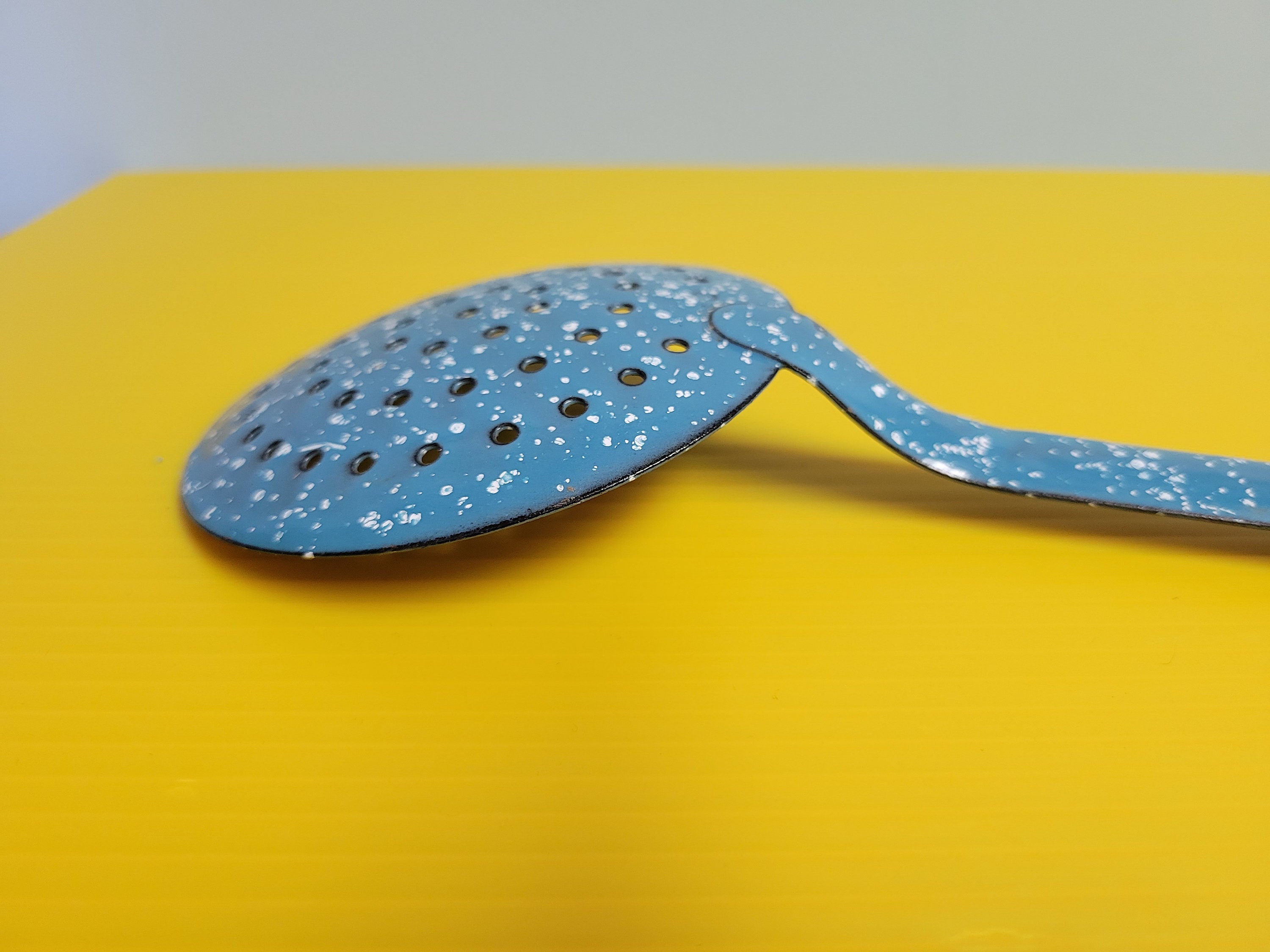Ant. Blue Speckled Enamel Skimmer Strainer, Primitive Strainer, Vintage ...