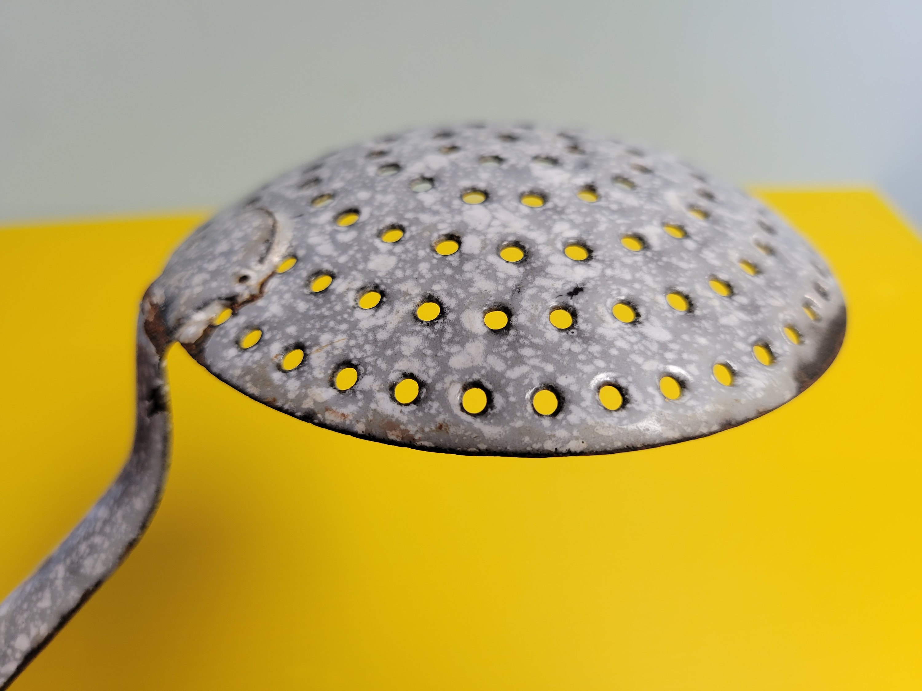 Ant. Gray Speckled Enamel Skimmer Strainer, Primitive Strainer, Vintage ...