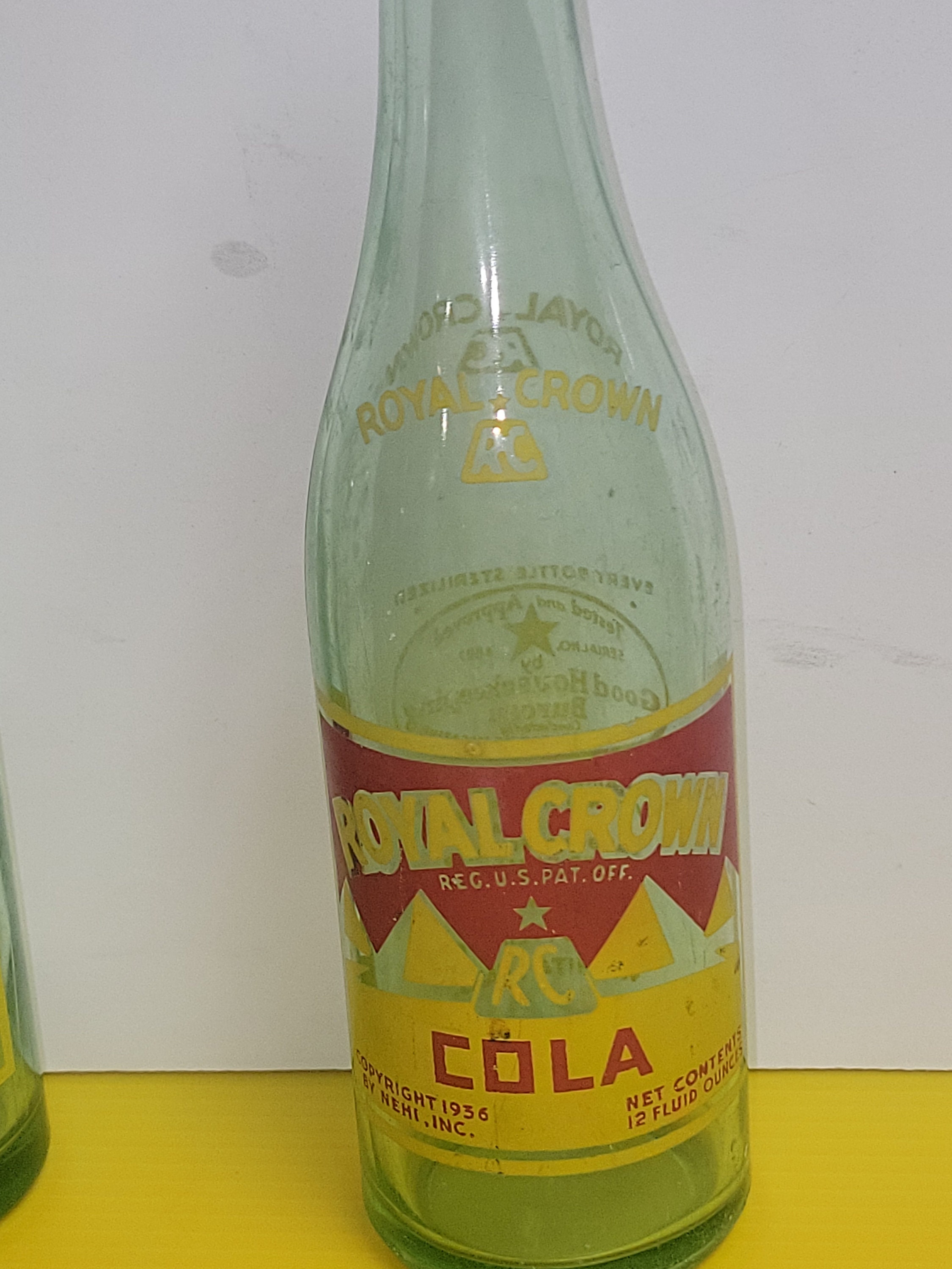 RC COLA Royal Crown Cola Green Duraglas Pop Bottles Copyright 1936 NEHI ...