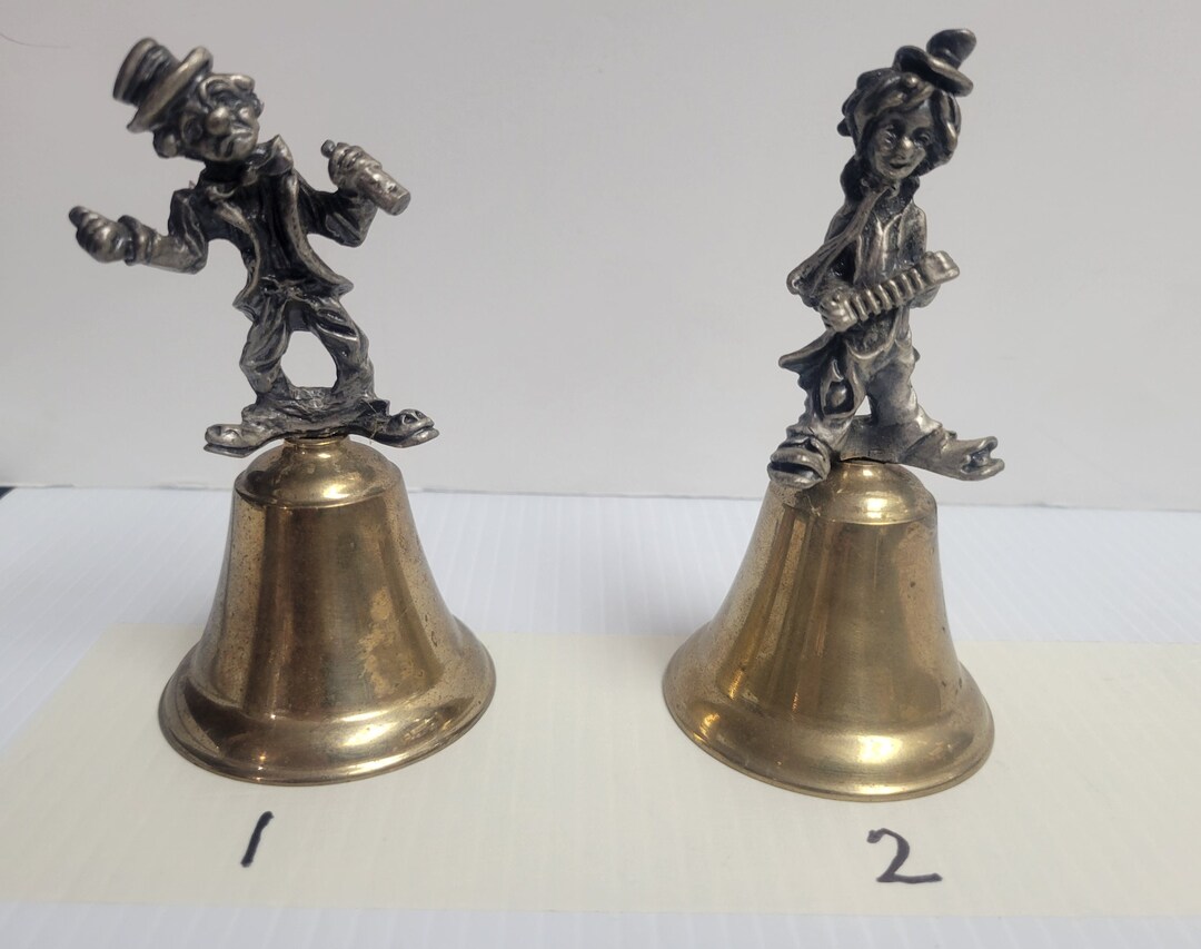 Brass Bells With Pewter Clowns. No.1 is Hitch Hiker W/ Bottle. No.2 ...