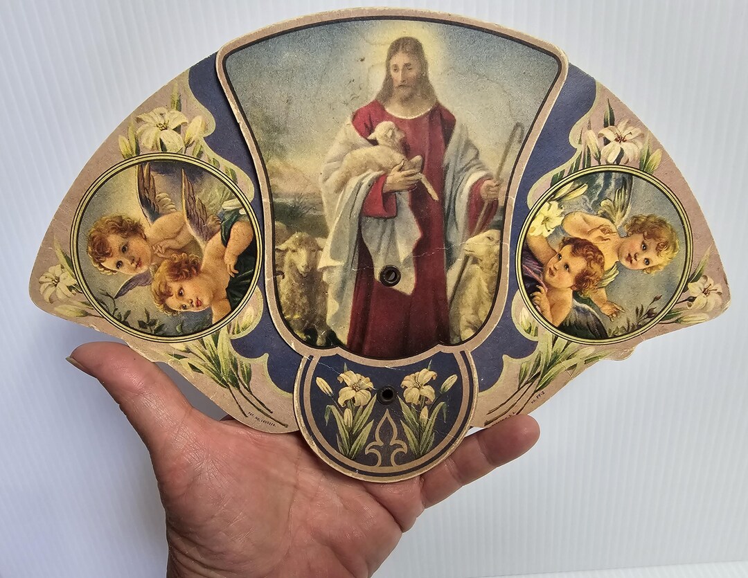 Tri Fold Paper Hand Fan, Jesus Christ Holding Baby Lamb Surround by the ...