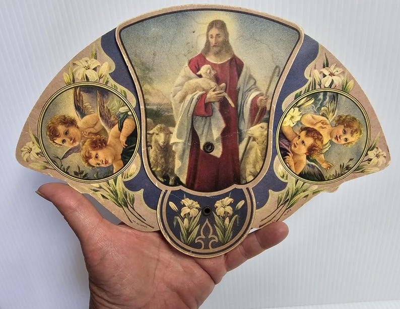 Antique Tri Fold Paper Hand Fan, Jesus Christ, Lamb & Angels - Etsy