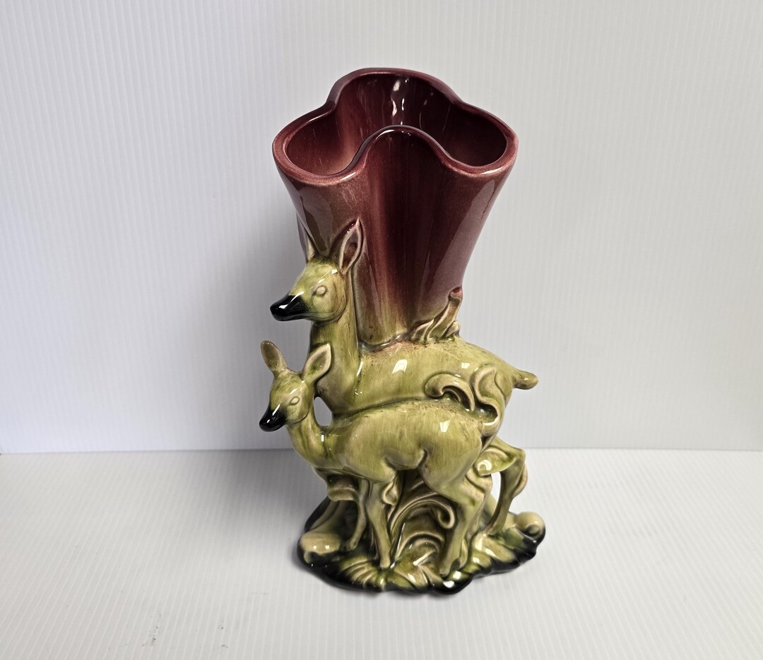 1950s Hull # 62 Tall Doe and Fawn Deer Red / Green Vase 11.5" - Etsy