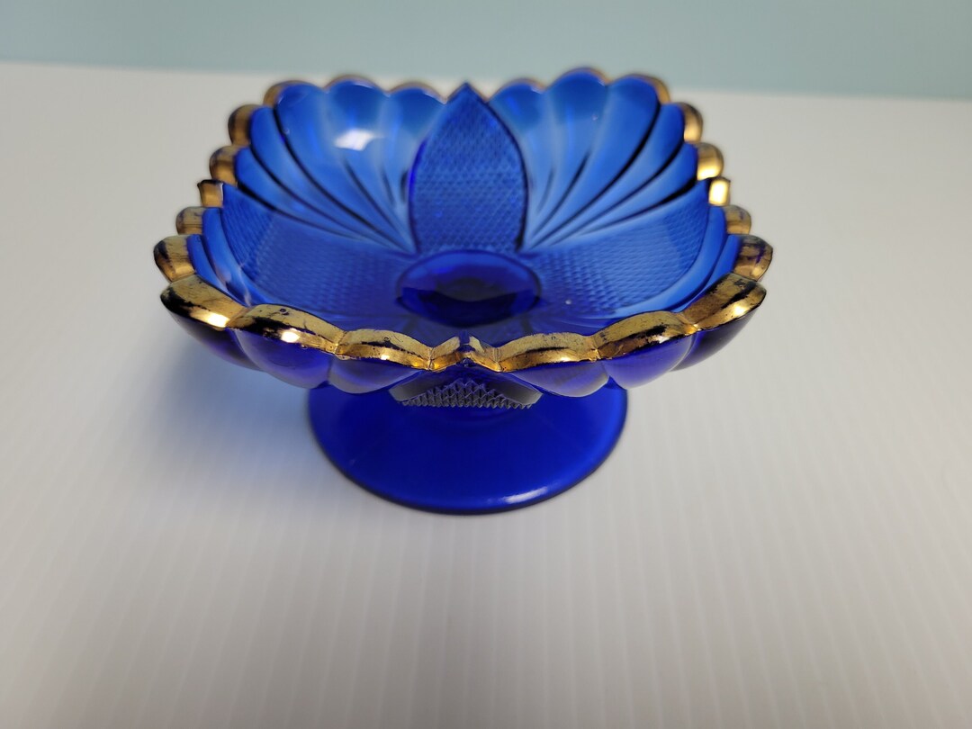 Beautiful Cobalt Blue Square Dish With Pedestal Base and Gold Edging on ...