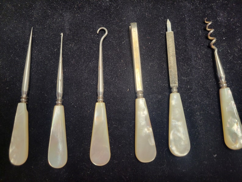 Vintage Victorian Lady's Mother of Pearl Handles Traveling Sewing Kit ...