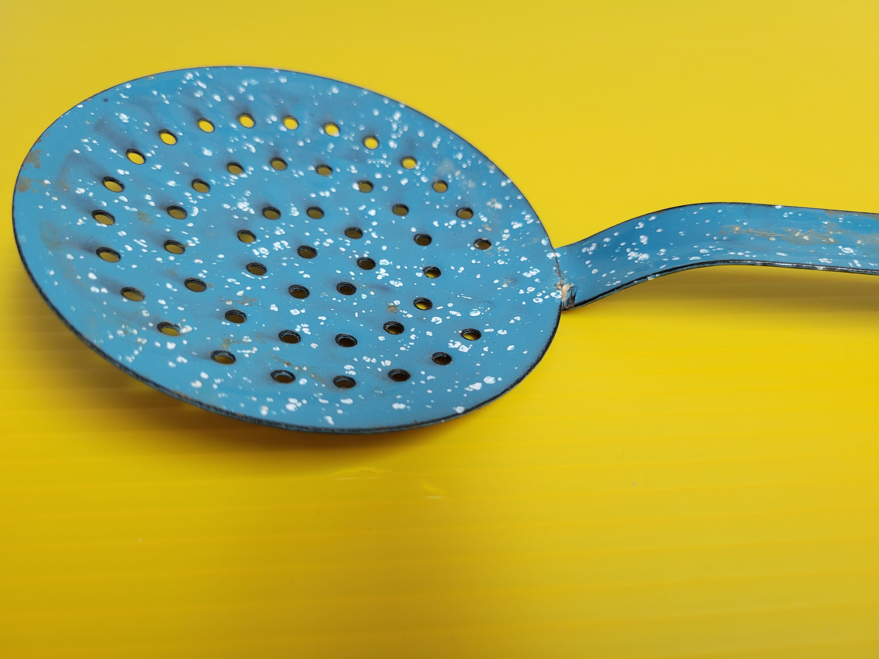 Ant. Blue Speckled Enamel Skimmer Strainer, Primitive Strainer, Vintage ...