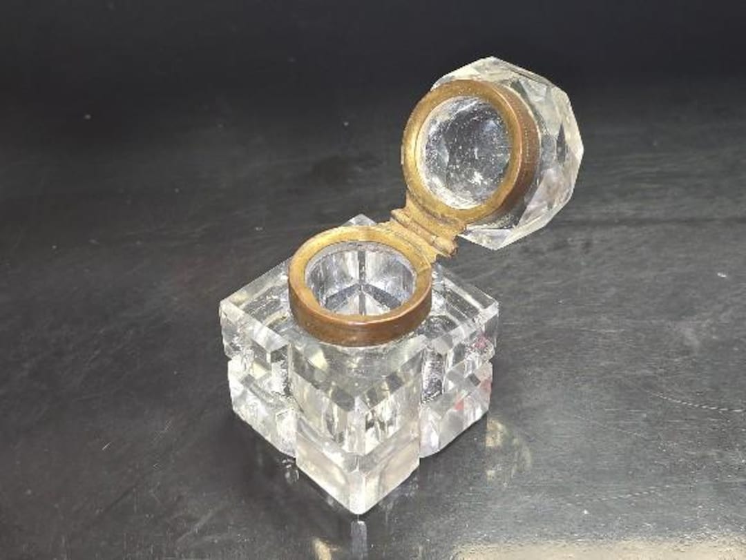 Gilt Brass Mounted, Cut Crystal Glass Ink Well; 3" H X About 2" W X D ...