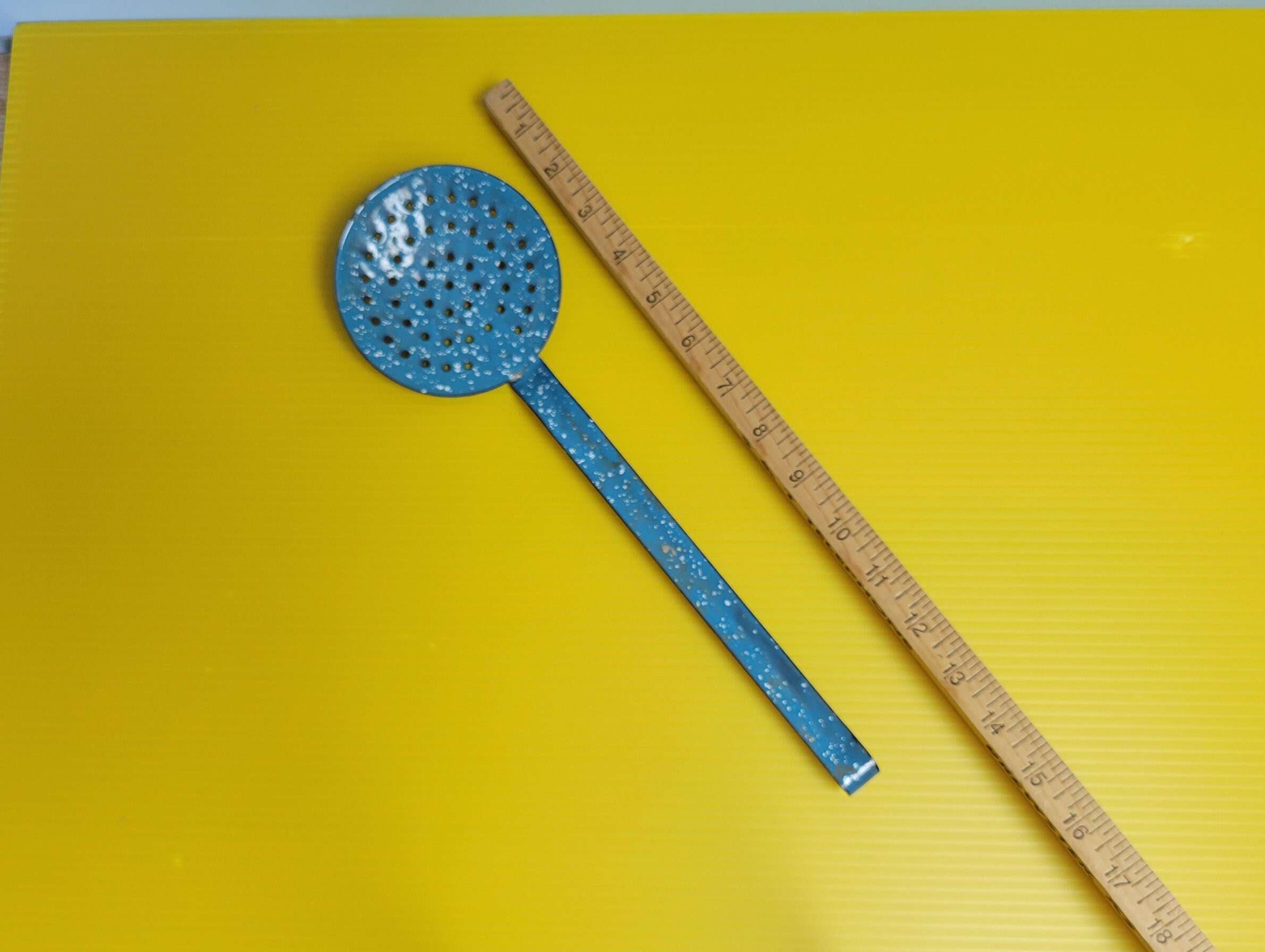 Ant. Blue Speckled Enamel Skimmer Strainer, Primitive Strainer, Vintage ...