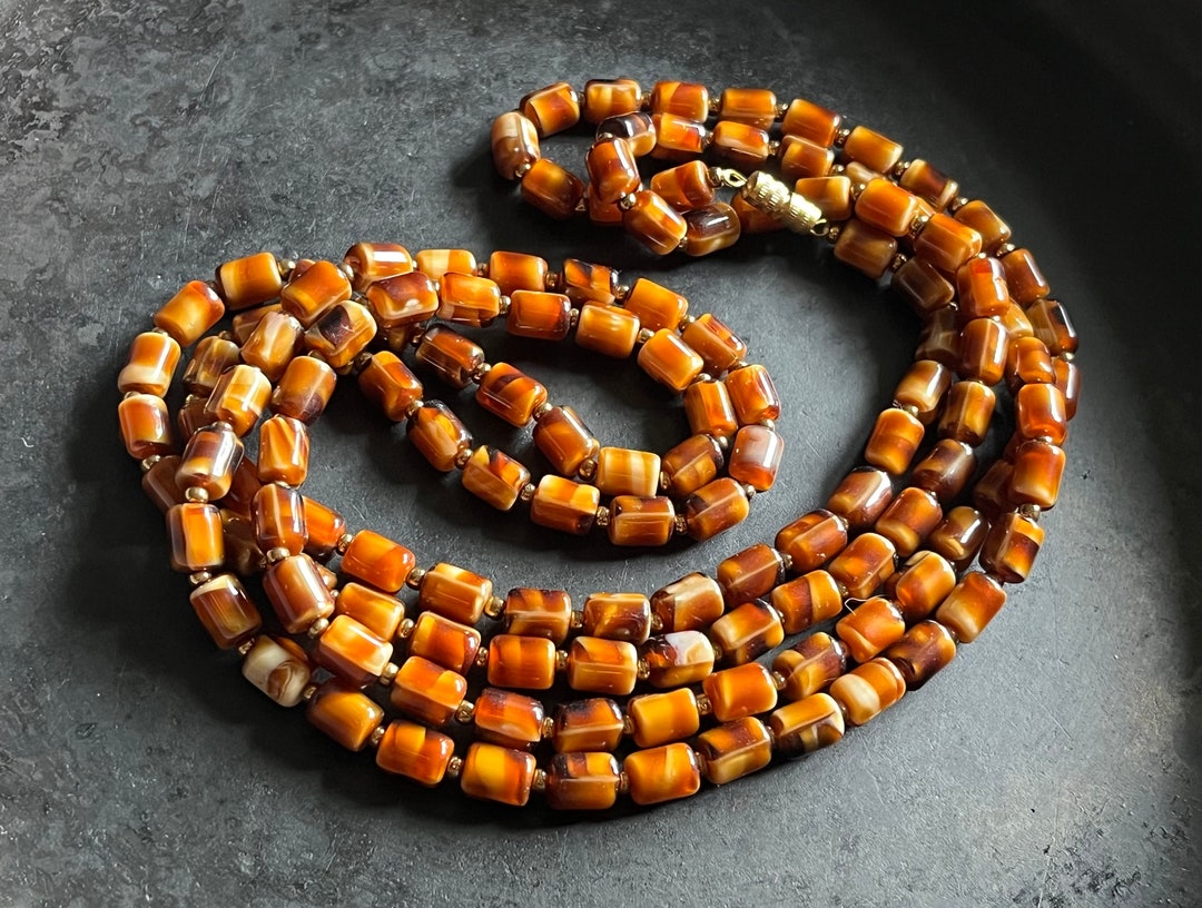 Vintage Long Necklace of Cylindrical, Root Beer Colored, Molded Glass ...