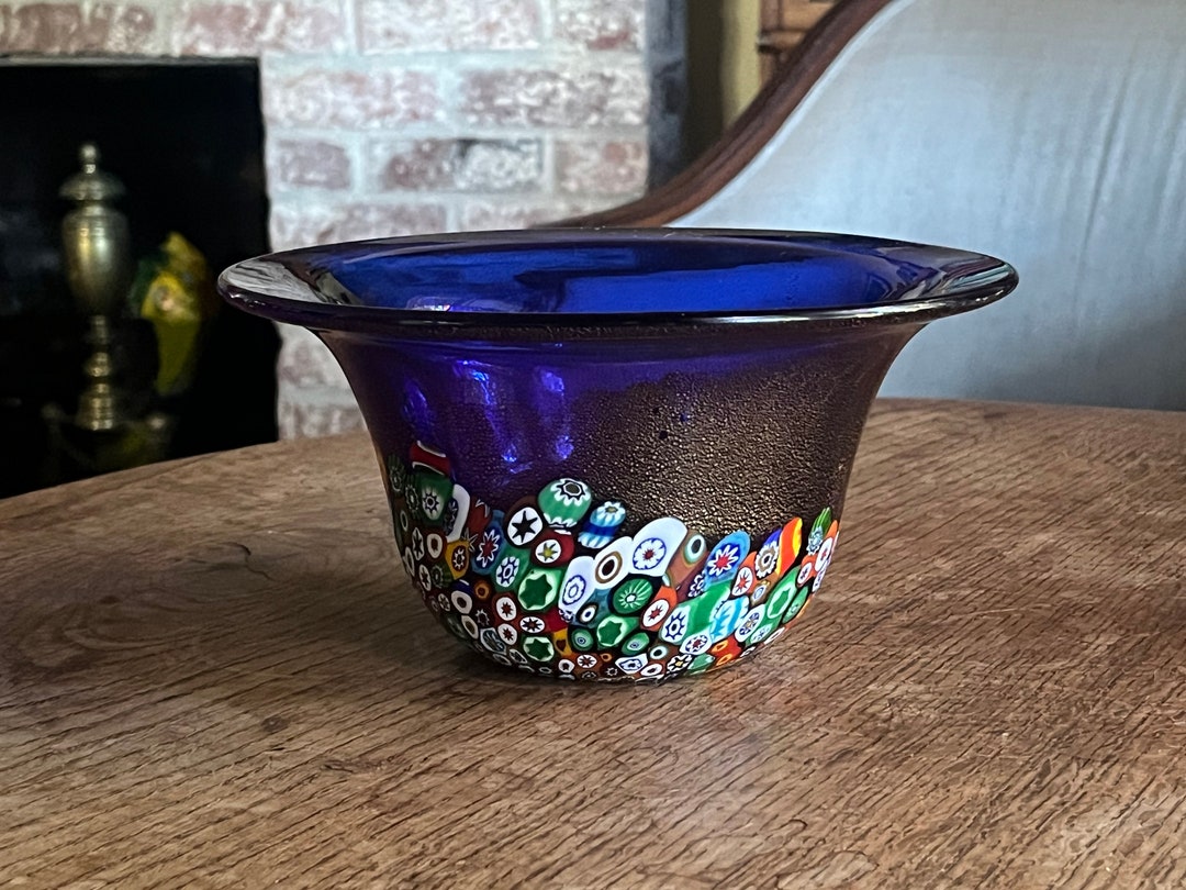 Mid Century Murano Cobalt Blue Blown Glass Bowl With Murrine and Gold ...