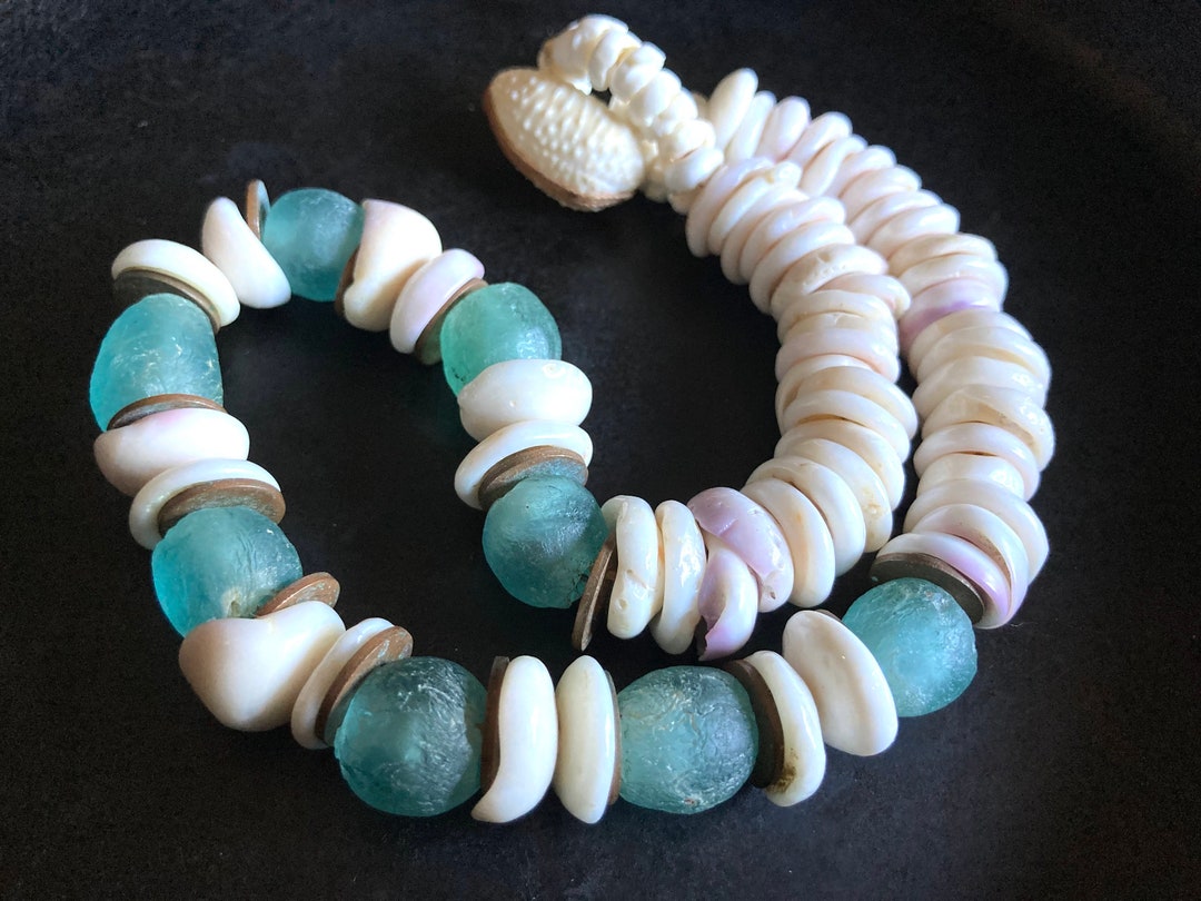 Necklace of Very Large Puka Shells With Coke Bottle Glass, Copper Disks ...