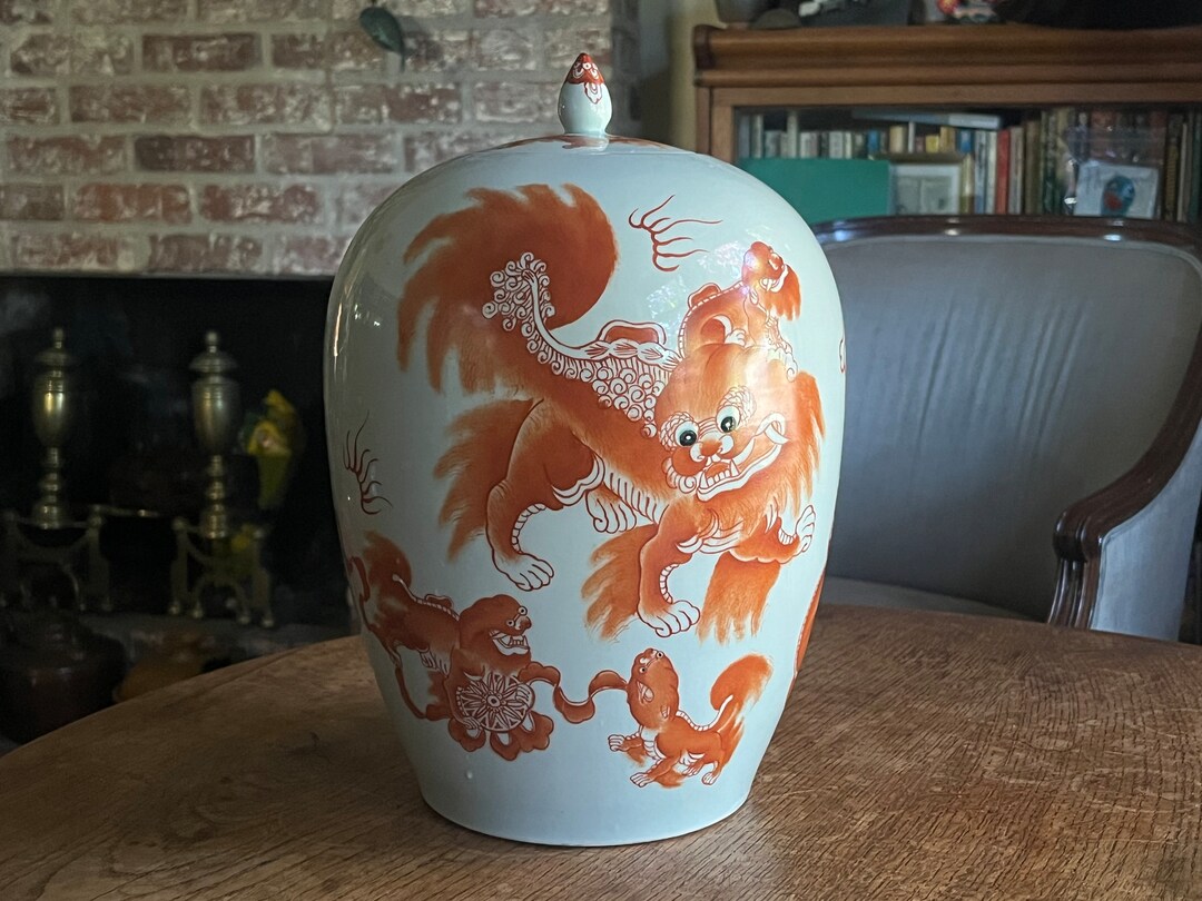 Large Hand Painted Ginger Jar With Iron Red Dragons - Etsy