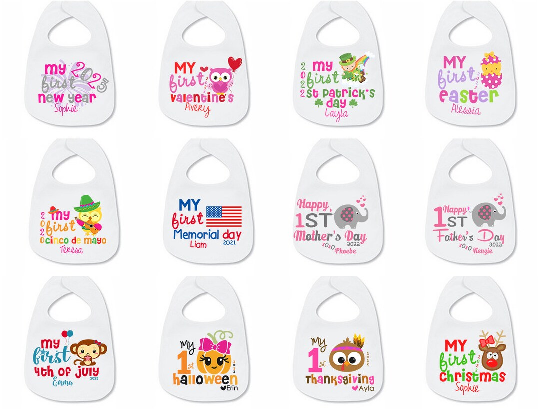 Set of 12 My First Holiday Bibs for Baby Boy or Baby Girl , With Year ...