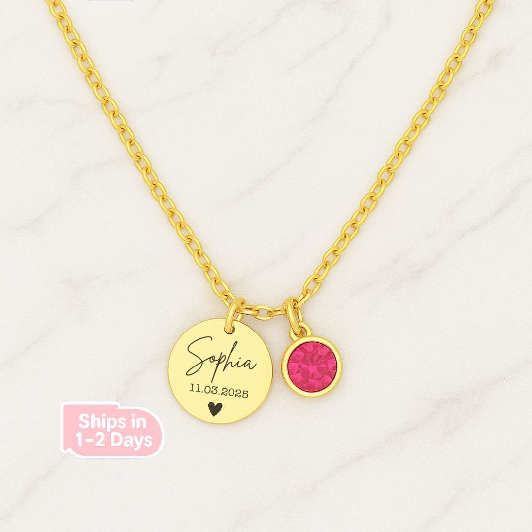 Personalized Gold Disc Necklace: Baby Name & Birthstone, New Mom Gift ...