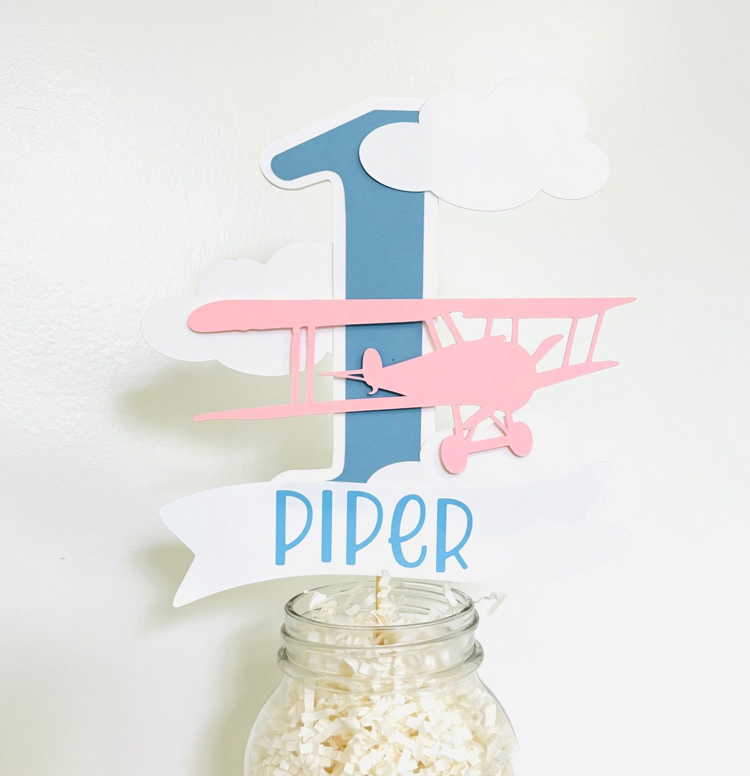 Pink Time Flies First Birthday Cake Topper, Biplane Birthday ...