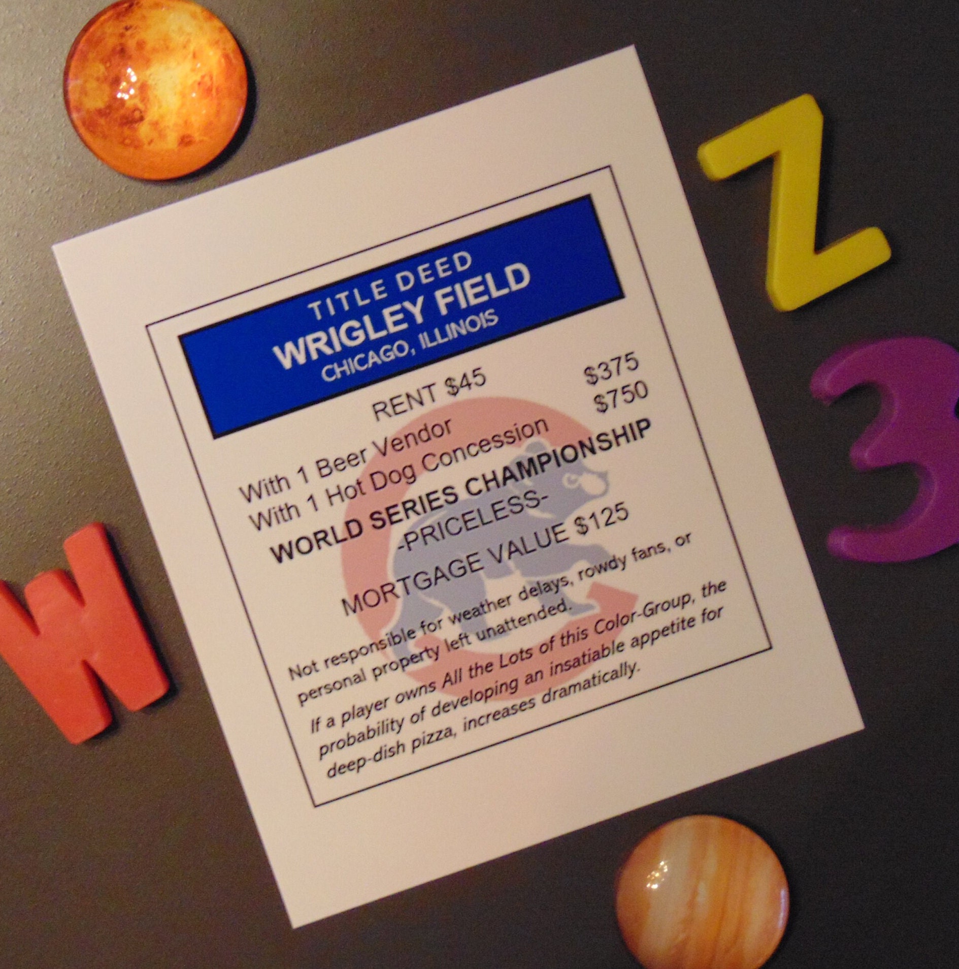 Wrigley Field Monopoly Deed Fridge MAGNET Chicago Cubs Baseball World ...