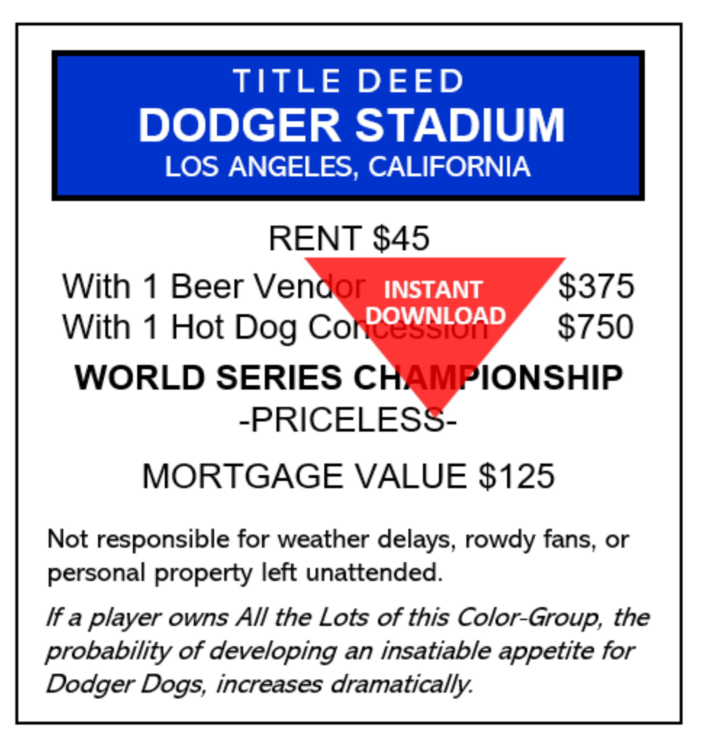 DODGER Stadium Monopoly Deed Baseball Los Angeles Dodgers Fan - Etsy UK
