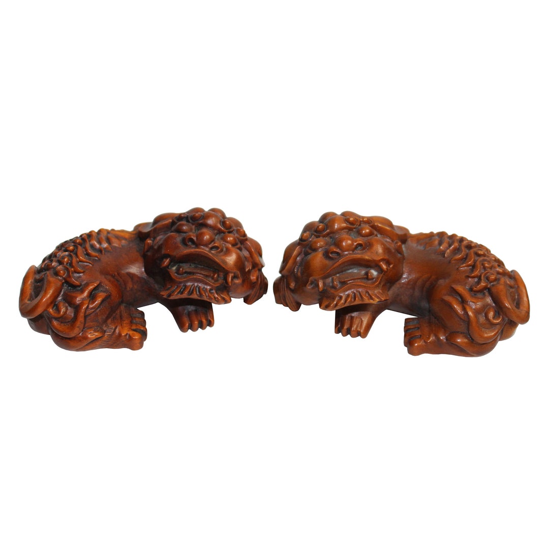 Chinese Pair Wood Carved Mini Foo Dog Fengshui Figures Ws297e - Etsy