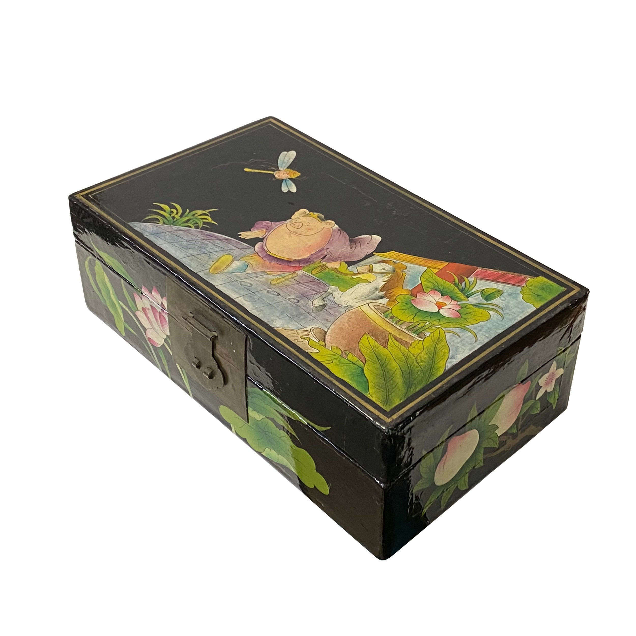 Rectangular Black Lacquer Box W Chinese Mythical Pig Deity | Etsy