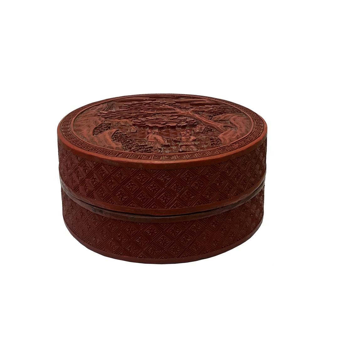 Vintage Chinese Red Resin Lacquer Round Carving Small Accent Box ...