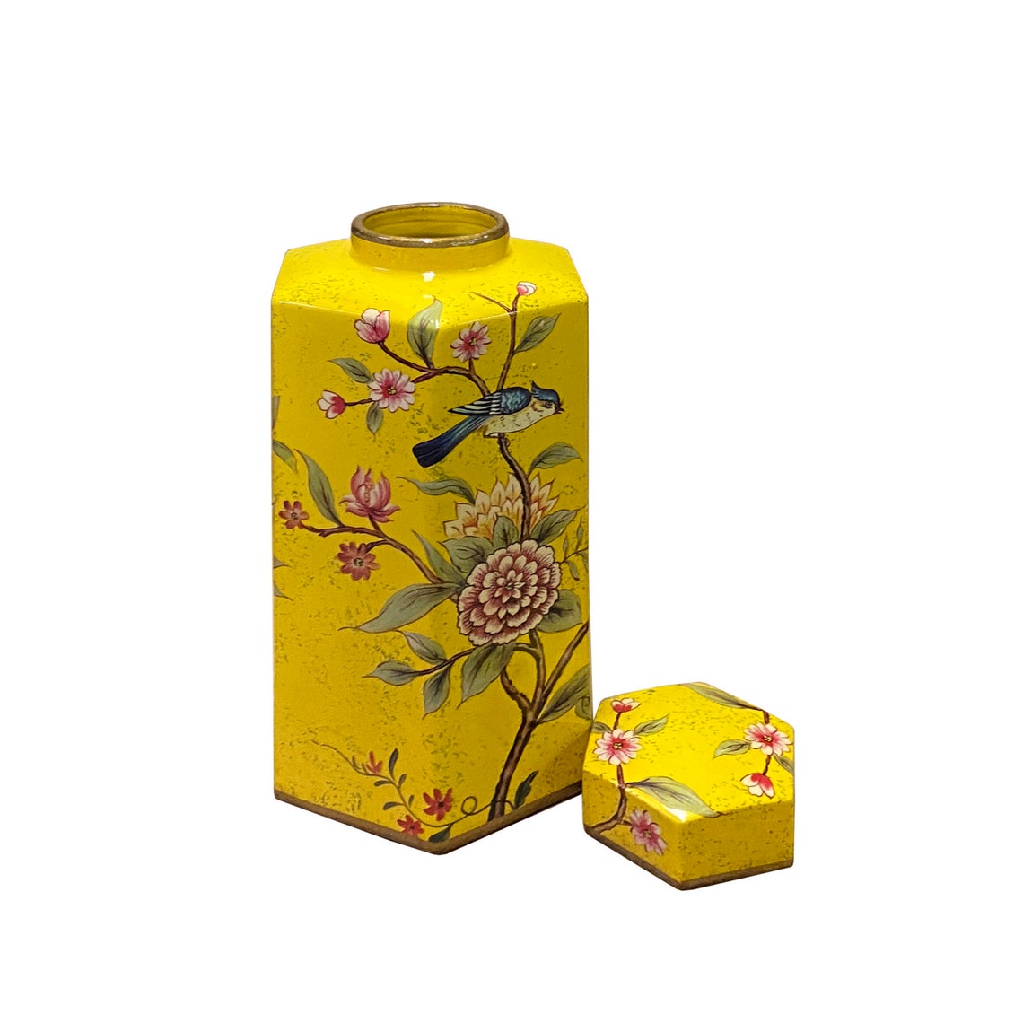 Bright Yellow Hexagonal Porcelain Flower Birds Graphic Vase - Etsy