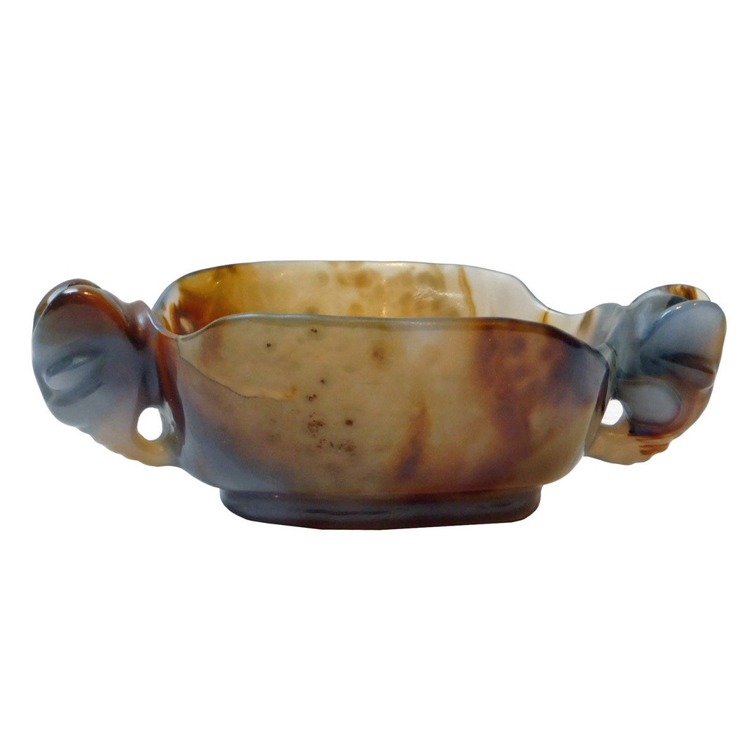 Hand Carved Ancient Style Natural Agate Stone Twin Elephant Head Wine ...