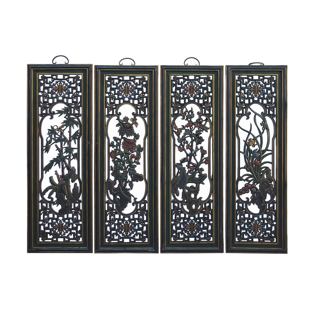 Chinese Color Painted 4 Seasons Flower Wooden Wall 4 Panels Set Cs6057e ...
