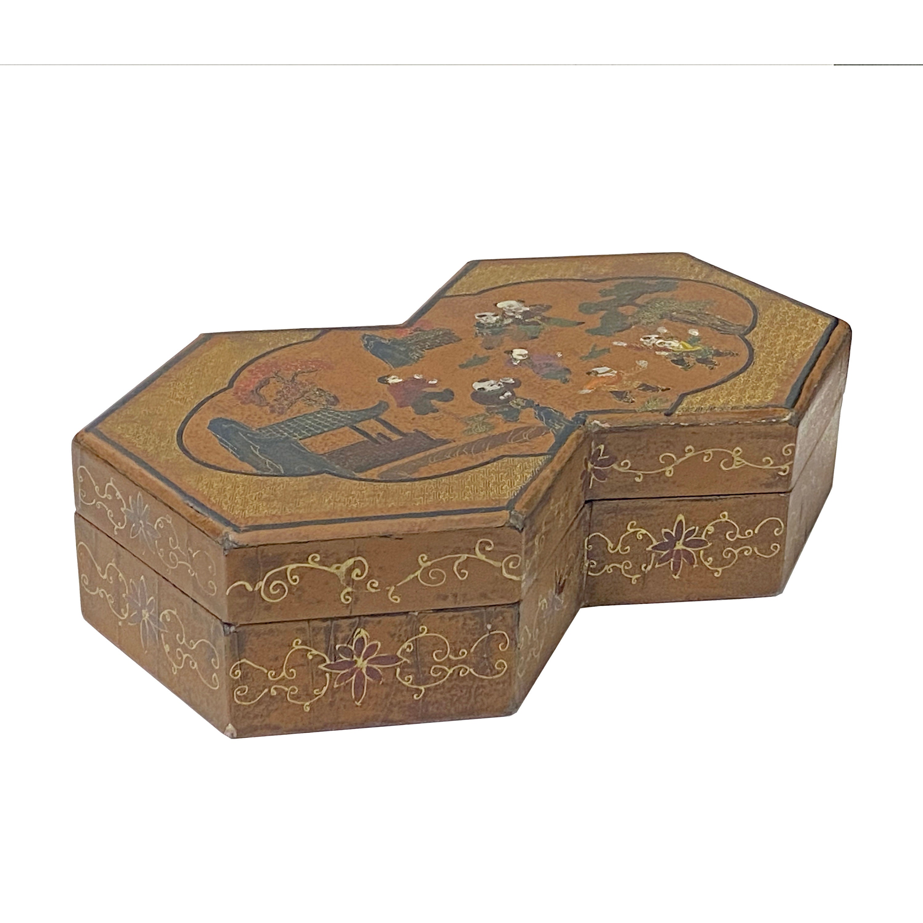 Chinese Distressed Brown People Graphic Rectangular Decagon Shape Box ...