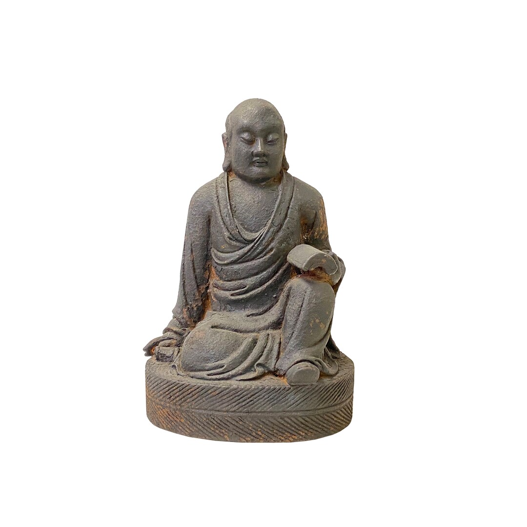 12" Iron Rustic Sitting Lohon Monk Study Reading Meditation Statue ...
