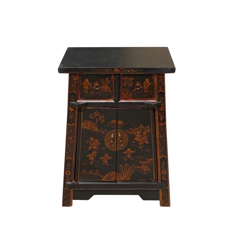 Chinese Rustic Black Copper Graphic End Table Nightstand - Etsy