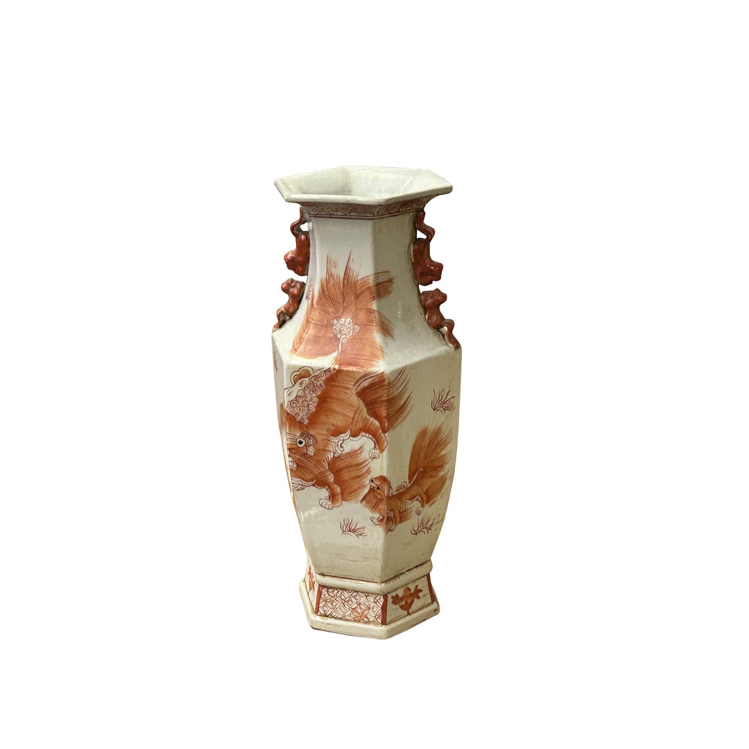 Oriental Vintage White Base Orange Foo Dog Lion Graphic Porcelain Vase ...