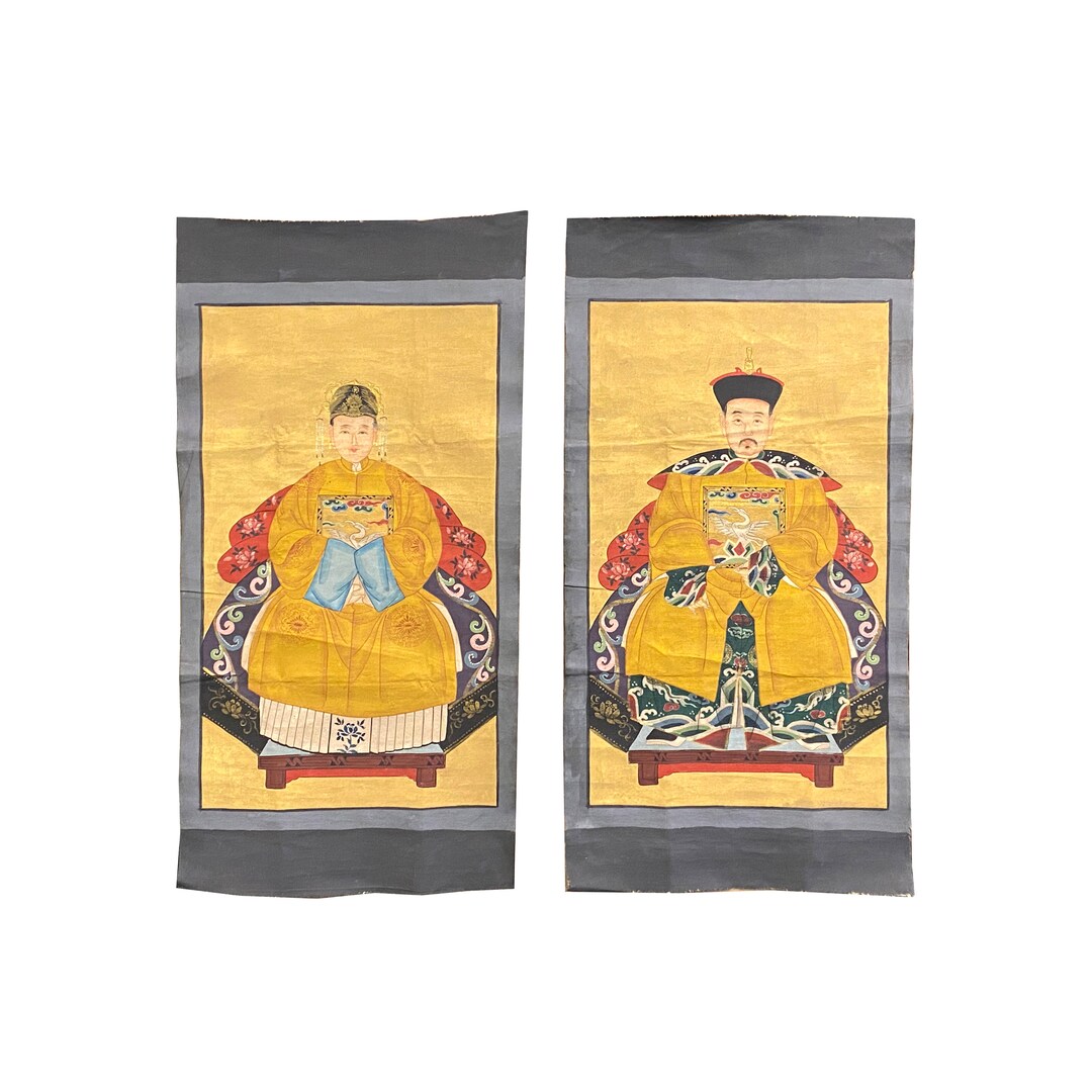 Pair Chinese Canvas Color Ink Royal Lady Gentleman Ancestor Paint Art ...