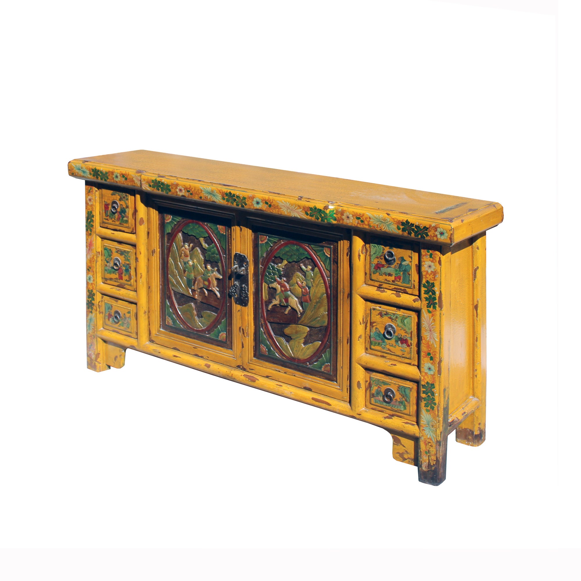 Chinese Distressed Yellow Carving Motif TV Console Table - Etsy