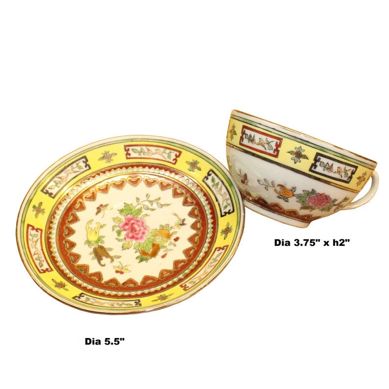 Set Chinese Vintage Yellow Floral Theme White Base Porcelain Teacups ...