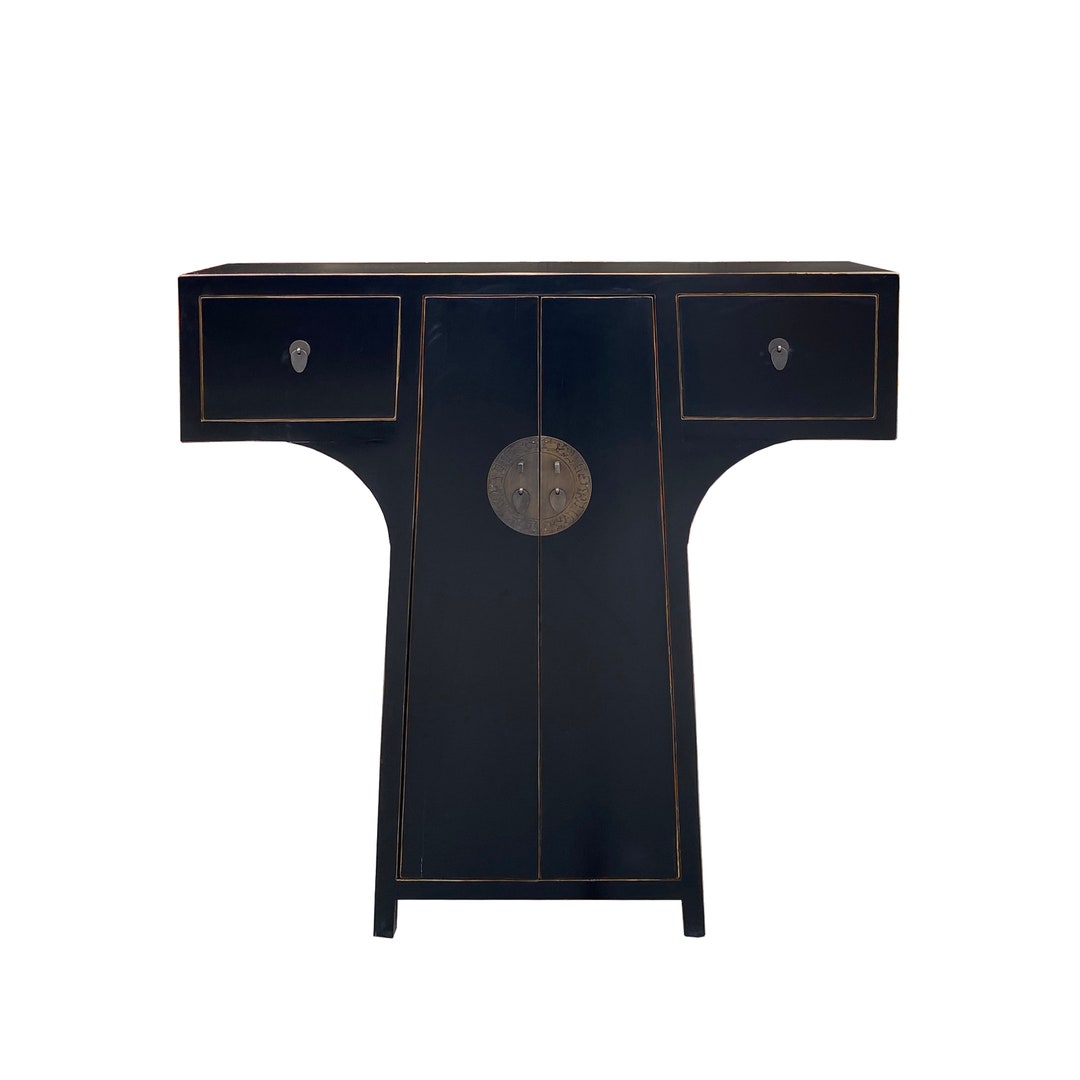 Chinese Moon Face T-shape Black Lacquer Drawers Side Table Cabinet ...