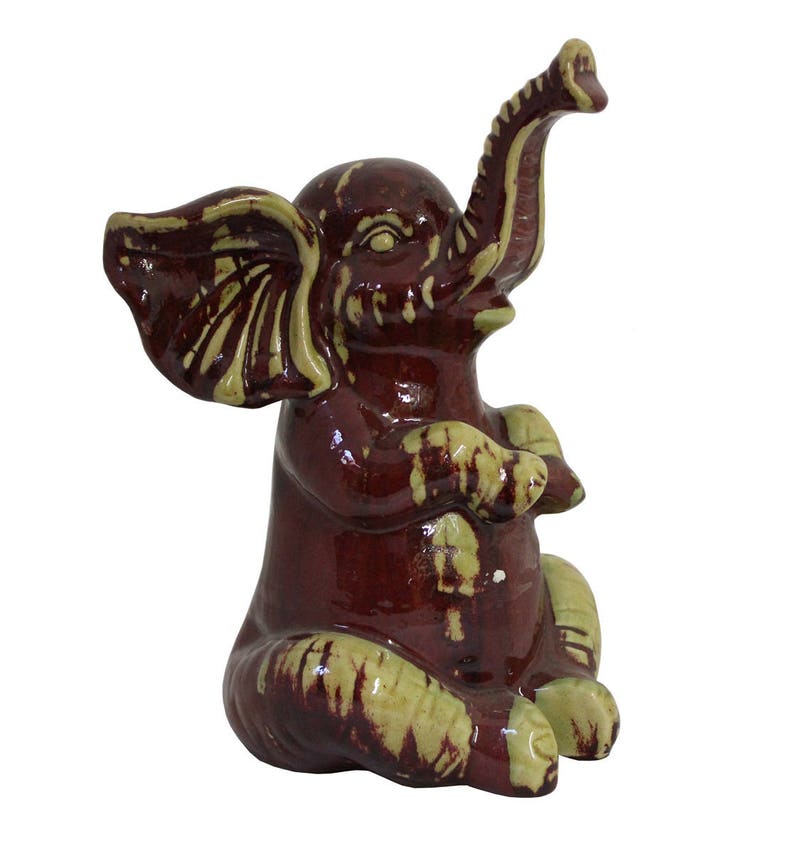 Ceramic Dark Red Baby Elephant Figure Seating Position With Trunk Rise ...