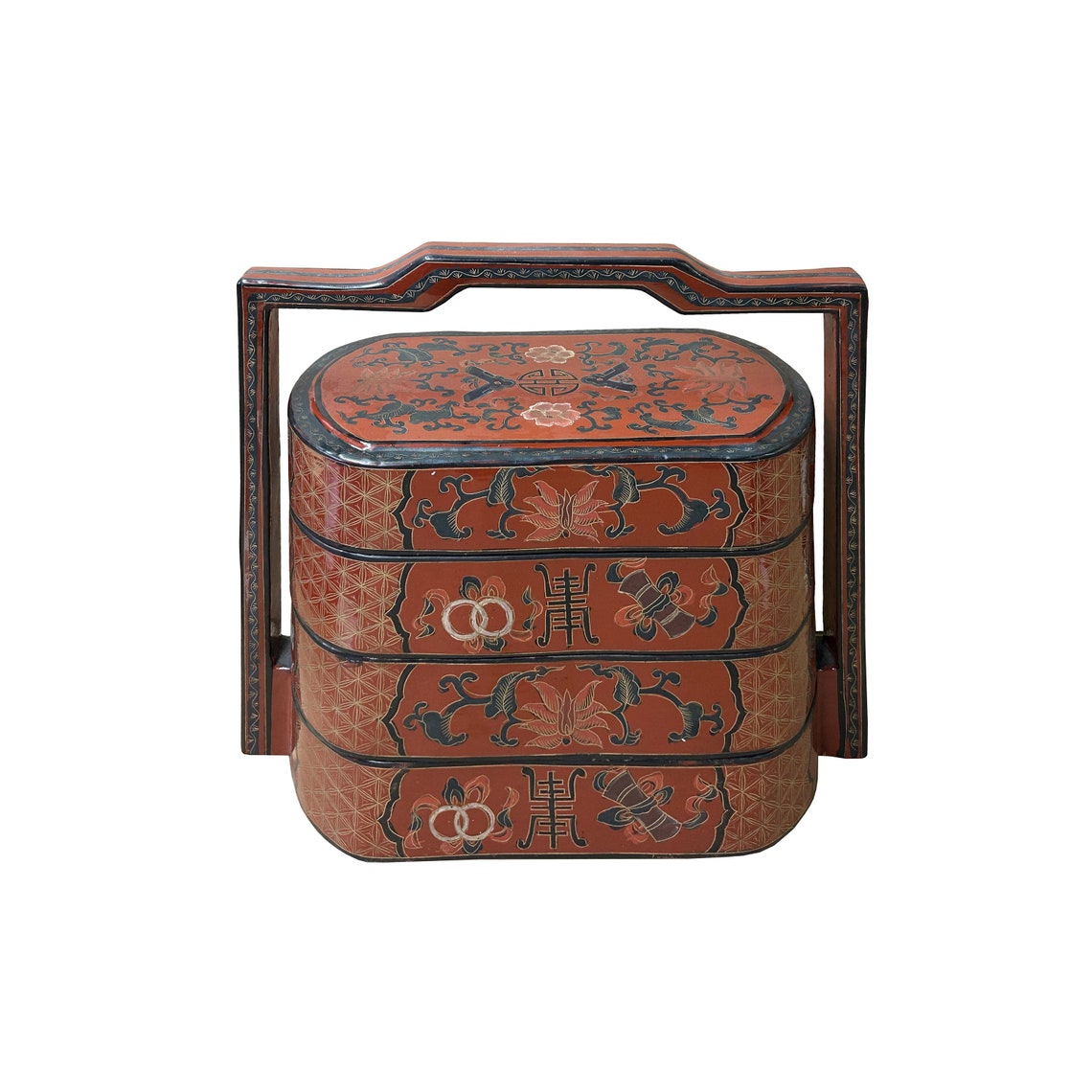 Chinese Brick Red Lacquer Color Treasure Graphic Stack Box Basket ...