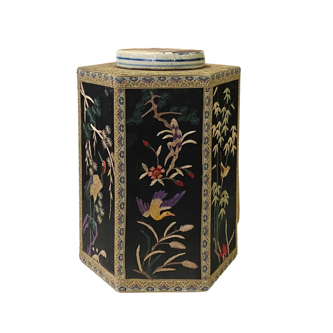 Chinese Black Hexagon Container Flower Birds Embroidery Porcelain Cover ...