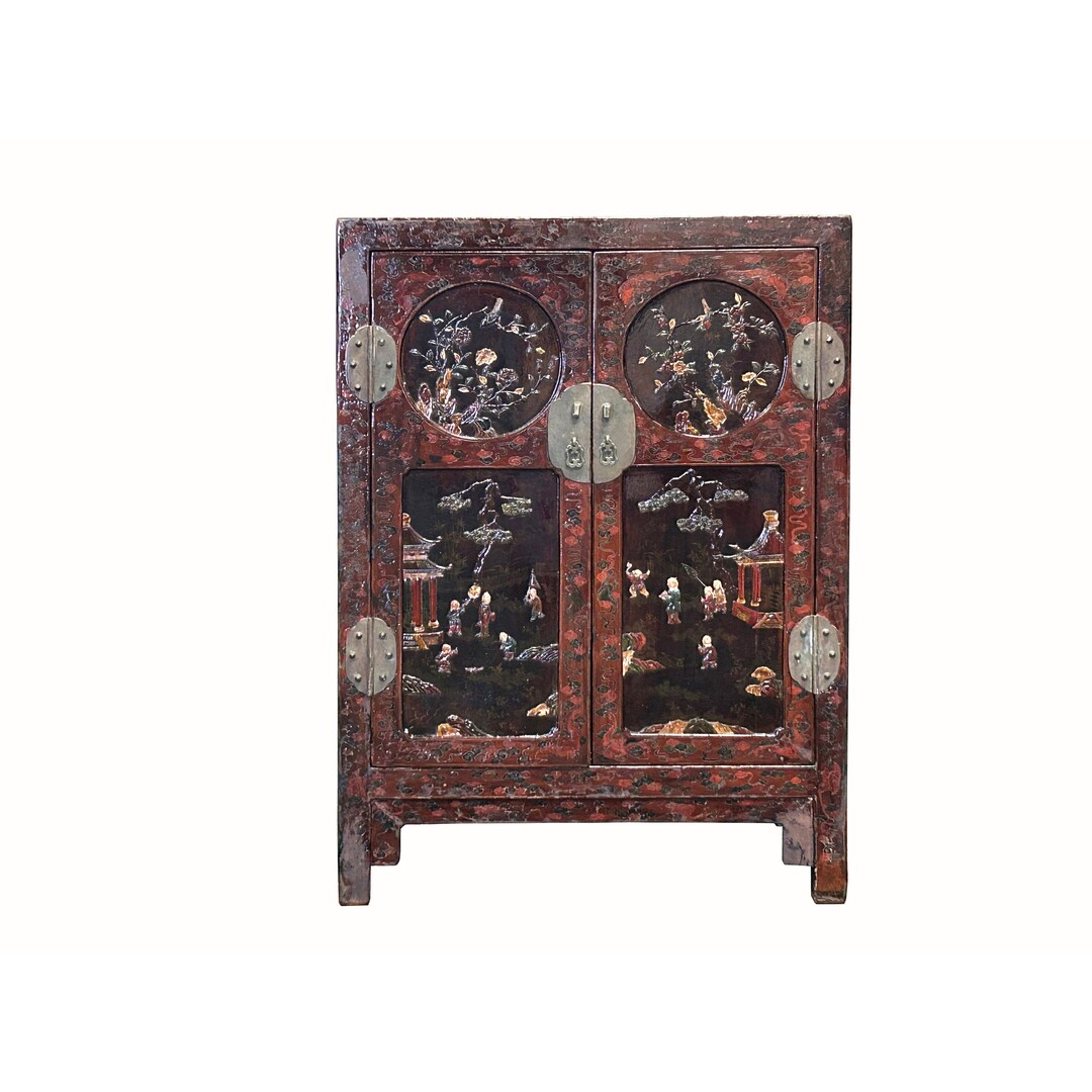 Vintage Chinoiseries Brick Red & Stone Inlay Graphic Credenza Cabinet ...