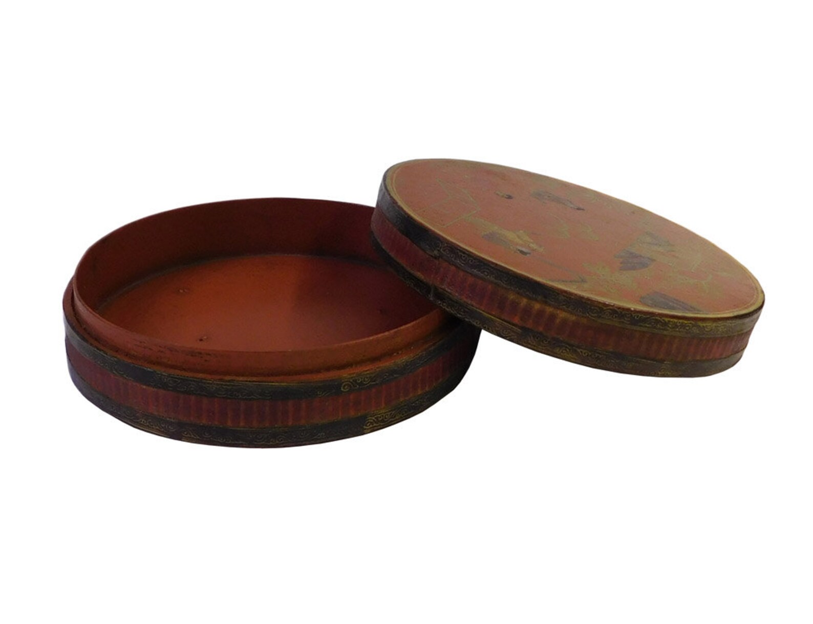 Chinese Brown Lacquer Scenery Painting Round Box Cs1649e - Etsy
