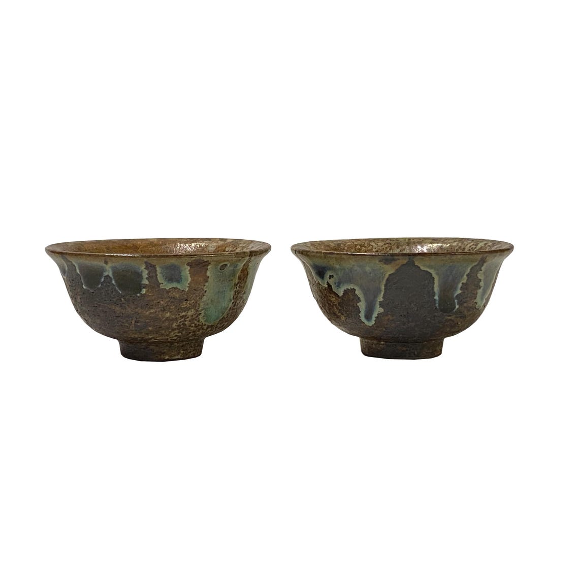 Pair Chinese Ceramic Bronze Brown Turquoise Glaze Cup Display Art ...