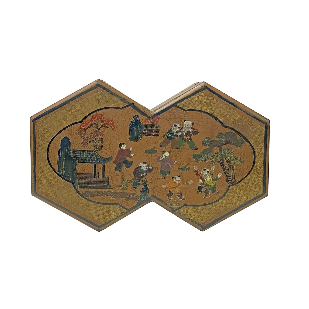 Chinese Distressed Brown People Graphic Rectangular Decagon Shape Box ...