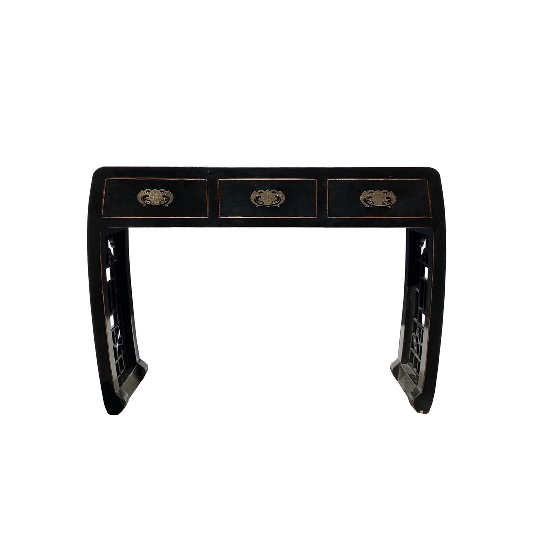 Black Lacquer Curve Panel Legs 3 Drawers Slim Foyer Side Table Cs7370e ...