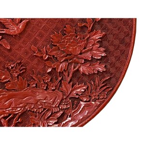 Chinese Red Resin Lacquer Round Flower Bird Relief Carving Accent Plate ...