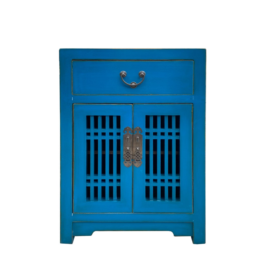 Distressed Bright Bice Blue Shutter Doors End Table Nightstand Cs7495e ...