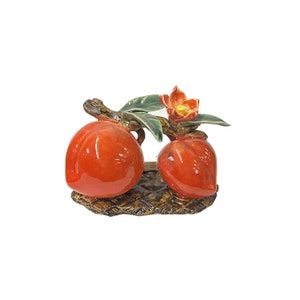 Ceramic Orange Red Double Peach W Leaf Flower Display Art Figure ...
