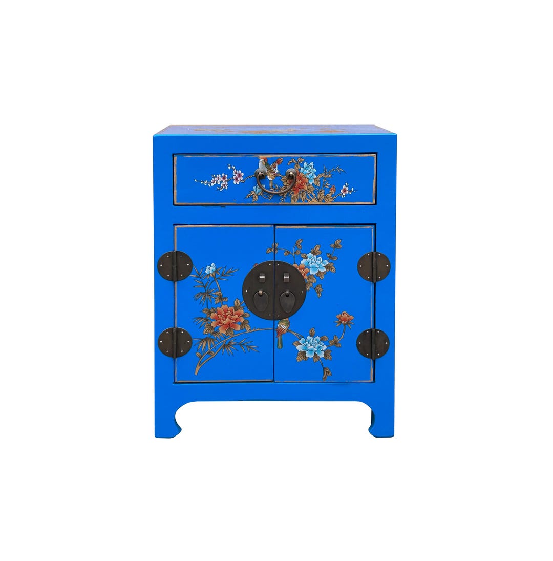 Chinese Bright Blue Vinyl Moon Face Flower Birds End Table Nightstand ...