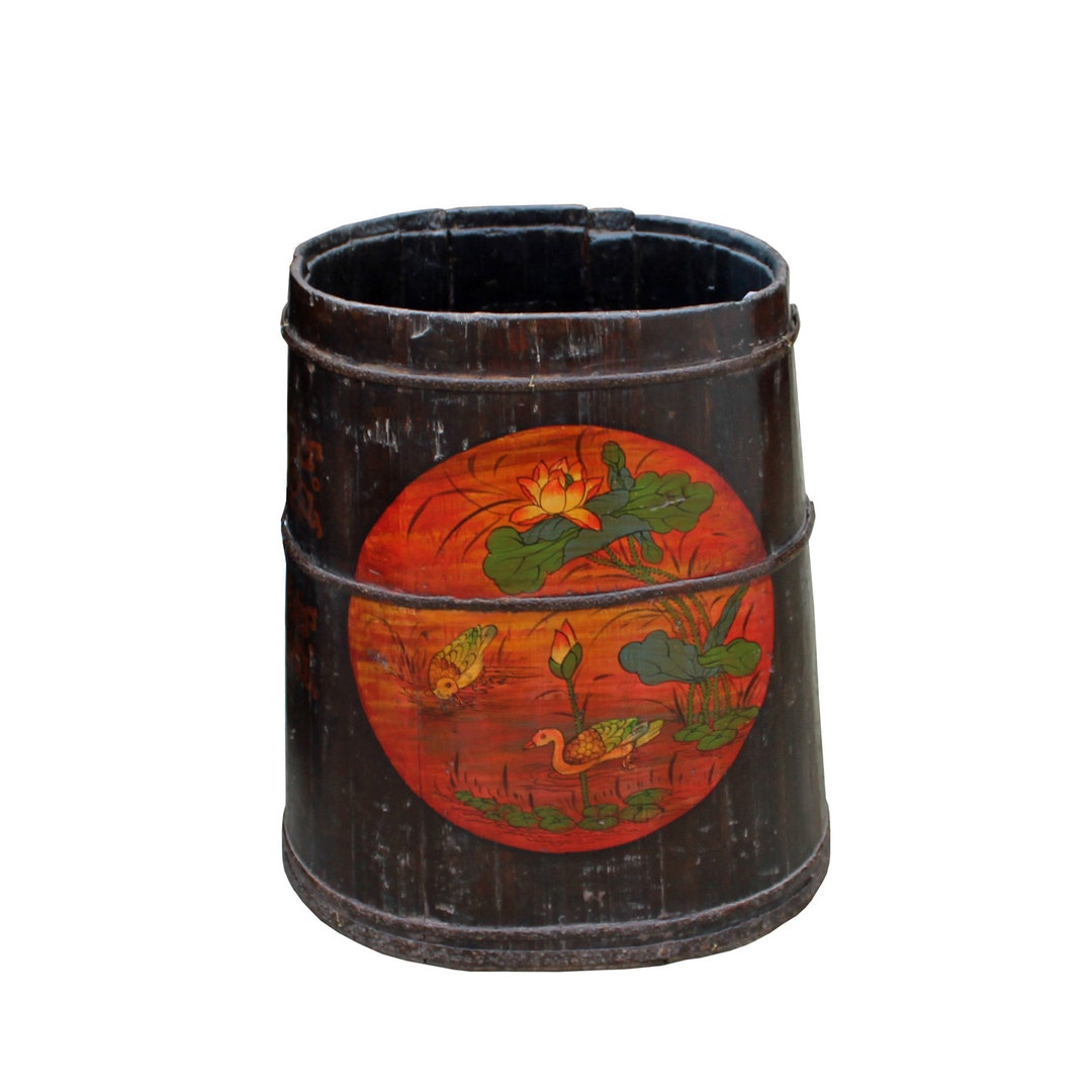 Distressed Chinese Tibetan Barrel Shape Black Floral Bucket Wood ...