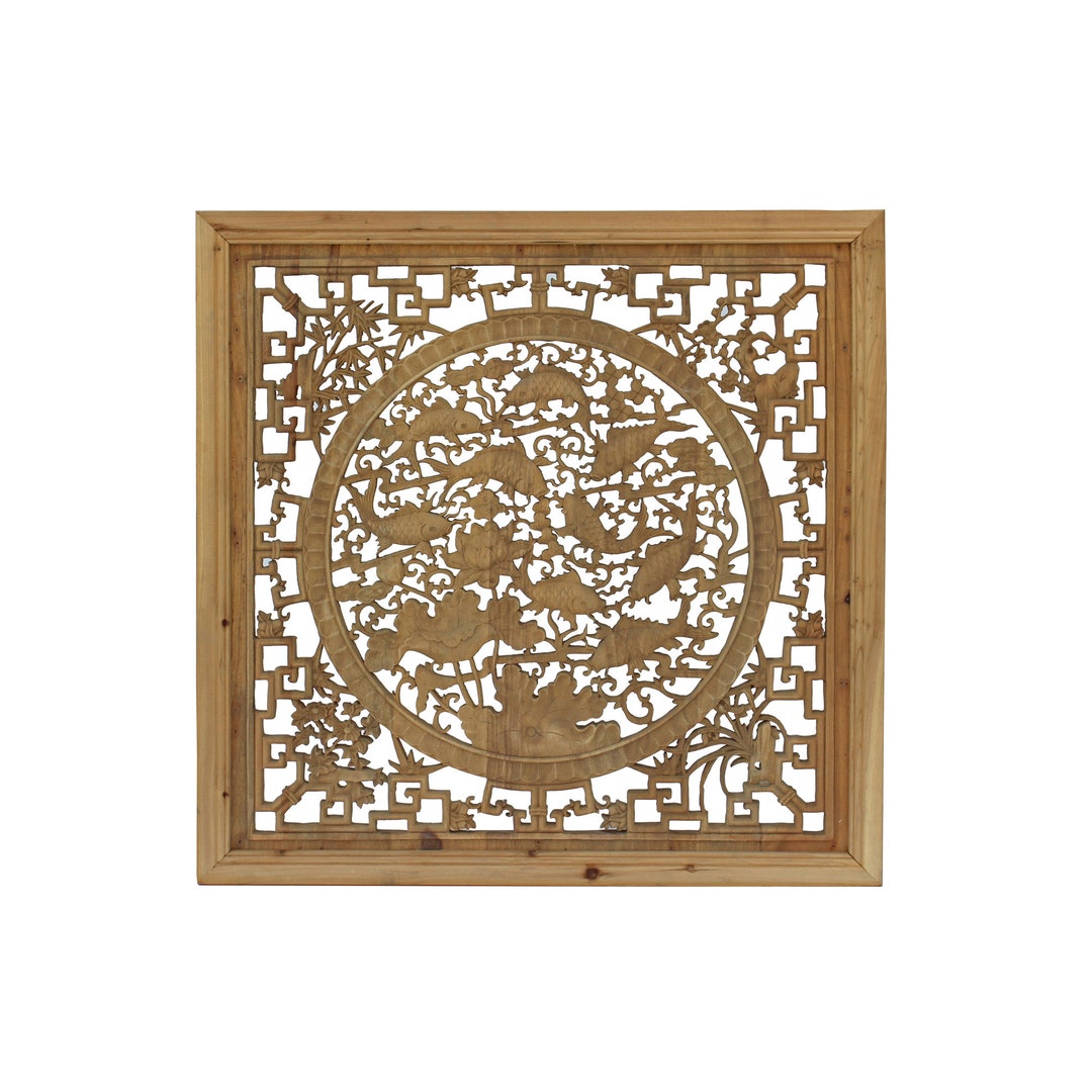 Chinese Square Flower Fishes Wooden Wall Plaque Panel Cs4287e - Etsy