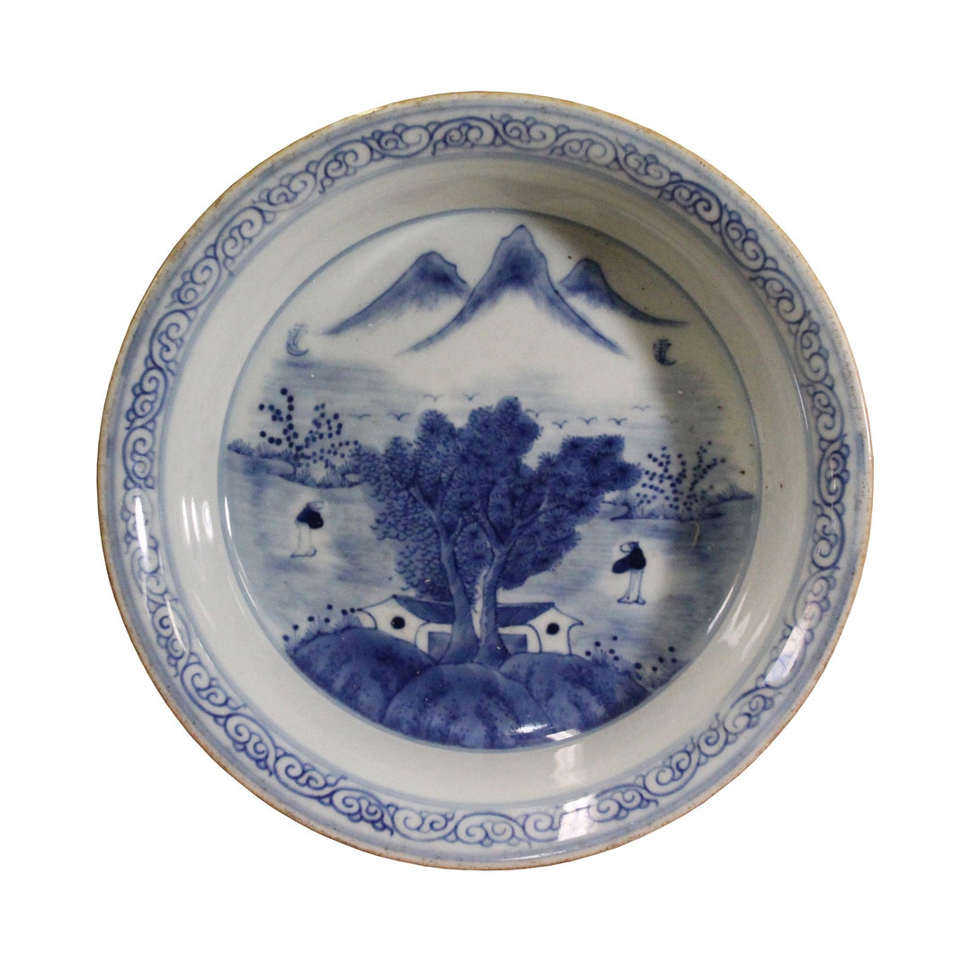 Chinese Blue White Ancient Scenery Fengshui Painting Porcelain Plate ...